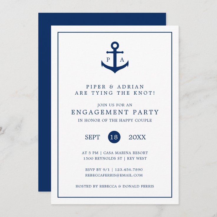Nautical Anchor Monogram Engagement Party Invitation | Zazzle