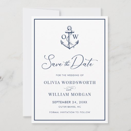 Nautical Anchor Monogram Navy Blue Wedding Save The Date | Zazzle