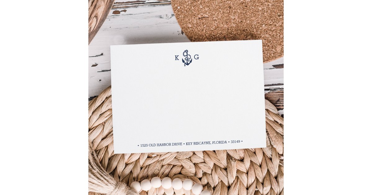 Nautical Anchor Monogram Stationery Flat Card | Zazzle