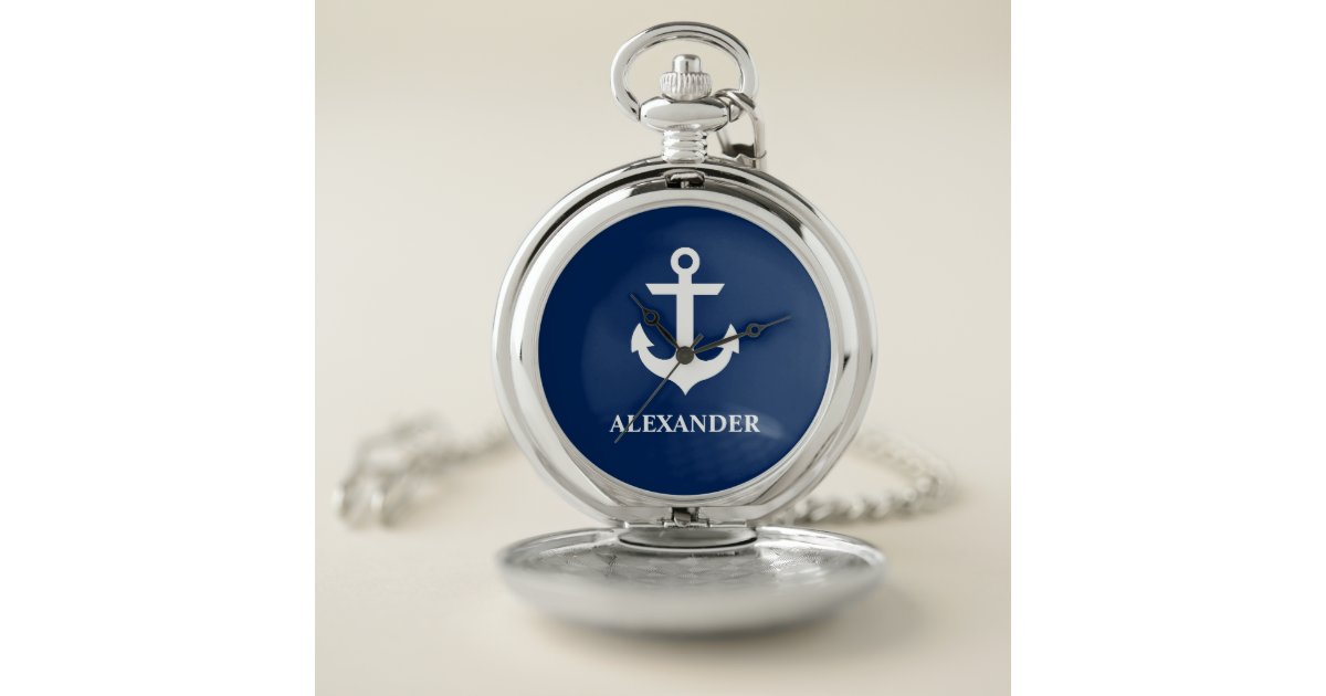Nautical Anchor Name Navy Blue Pocket Watch | Zazzle