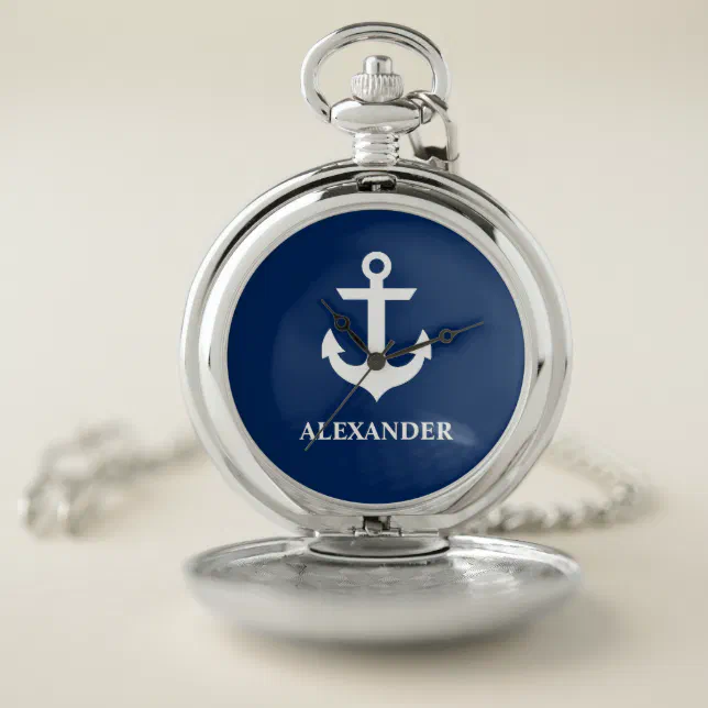 Nautical Anchor Name Navy Blue Pocket Watch | Zazzle