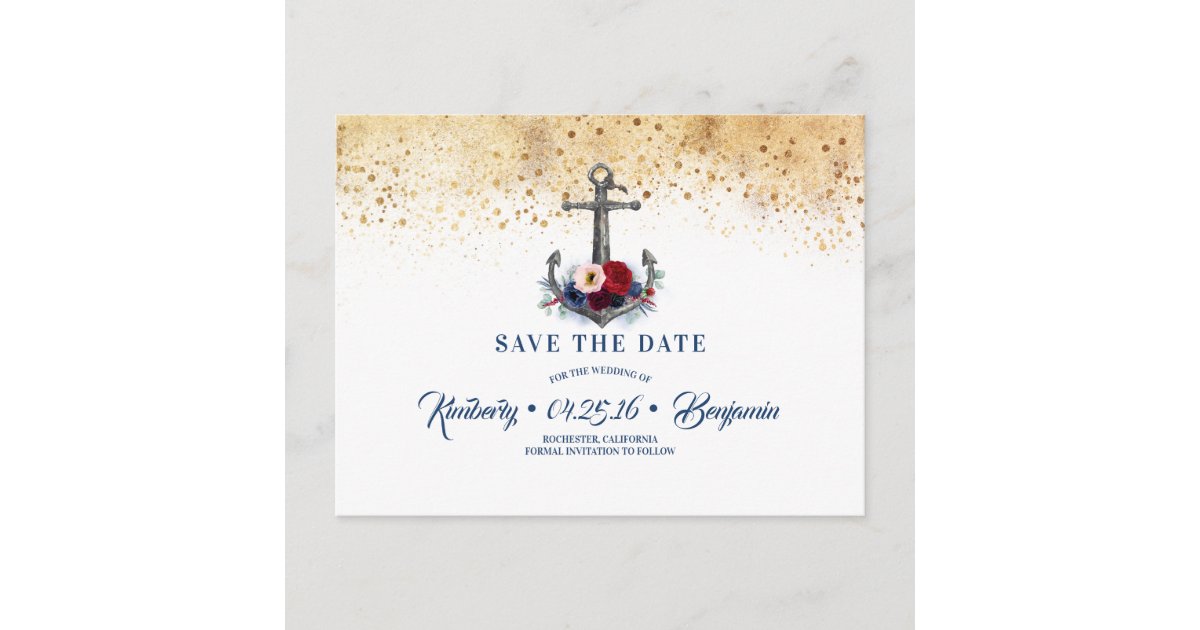 Nautical Anchor Navy Blue and Red Save the Date Announcement Postcard ...