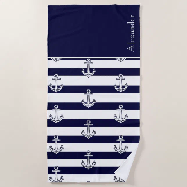 Nautical Anchor Navy Blue and White Stripes Beach Towel | Zazzle