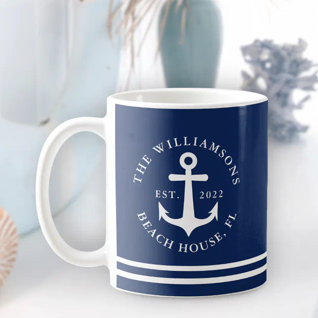 Nautical Anchor Navy Blue Beach House Family Name Coffee Mug | Zazzle