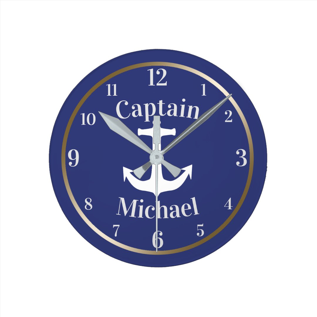 Nautical Anchor Navy Blue Boat Captain Round Clock | Zazzle