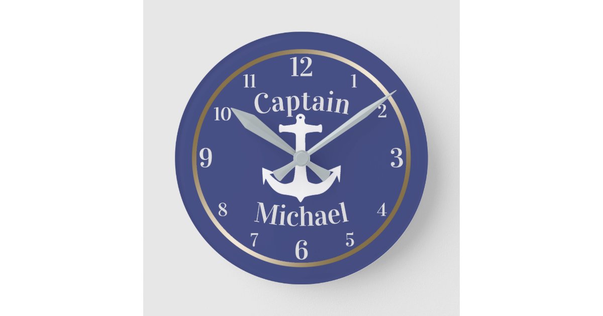 Nautical Anchor Navy Blue Boat Captain Round Clock | Zazzle