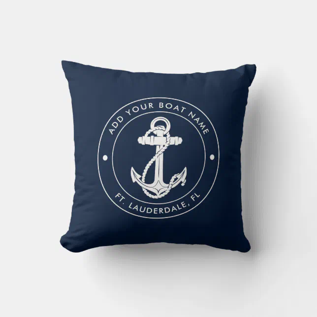 Nautical Anchor Navy Blue Captain Boat Name Custom Throw Pillow | Zazzle