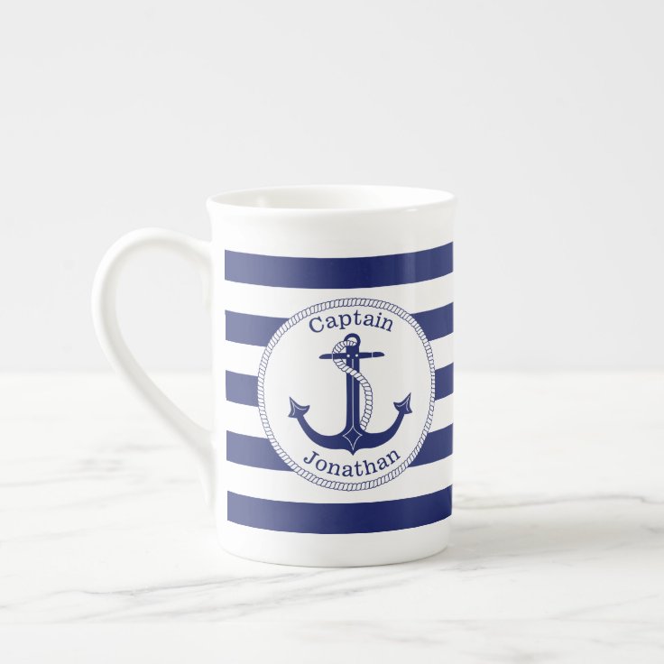 Nautical Anchor Navy Blue Captain Personalized Bone China Mug | Zazzle