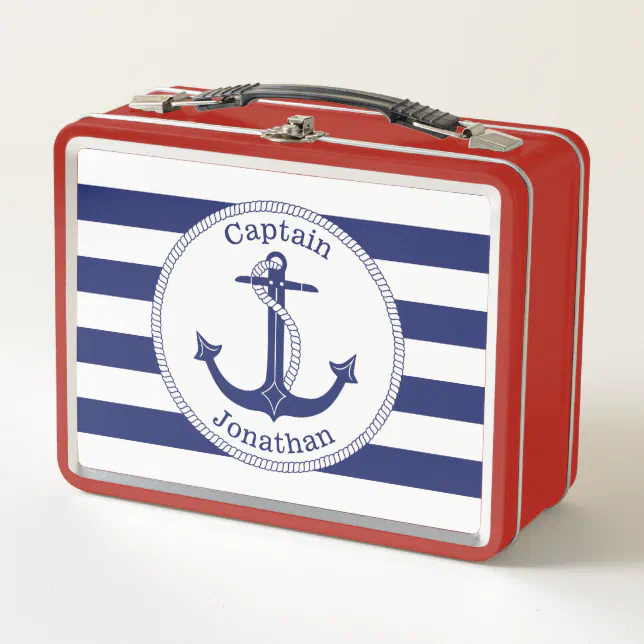 Nautical Anchor Navy Blue Captain Personalized Metal Lunch Box | Zazzle