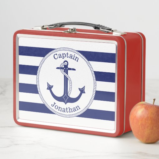 Nautical Anchor Navy Blue Captain Personalized Metal Lunch Box | Zazzle