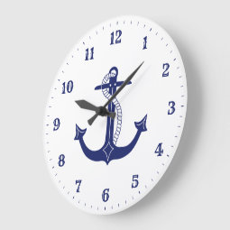 Nautical Anchor Navy Blue Large Clock | Zazzle