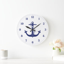 Nautical Anchor Navy Blue Large Clock | Zazzle