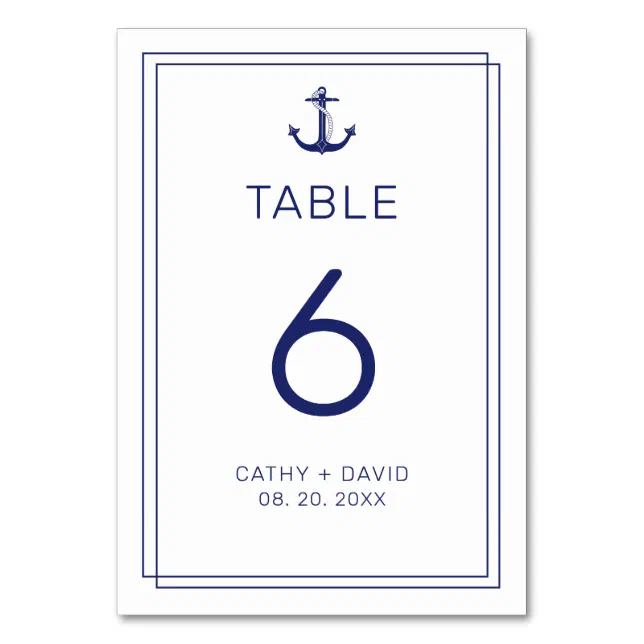 Nautical Anchor Navy Blue Minimalist Wedding Table Number | Zazzle