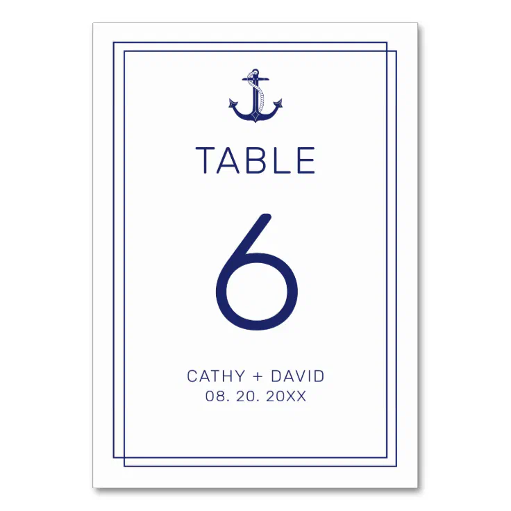 Nautical Anchor Navy Blue Minimalist Wedding Table Number | Zazzle