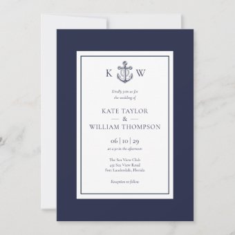 Nautical Anchor Navy Blue Monogram Wedding Photo Invitation | Zazzle