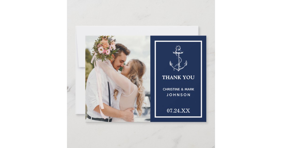 Nautical Anchor Navy Blue Photo Thank You Card | Zazzle
