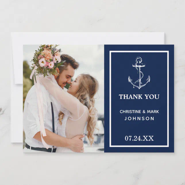 Nautical Anchor Navy Blue Photo Thank You Card | Zazzle