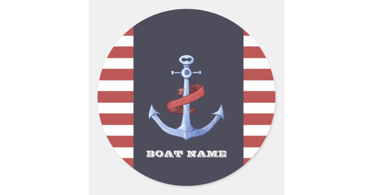 Nautical Anchor,Navy Blue,Red Stripes Classic Round Sticker | Zazzle