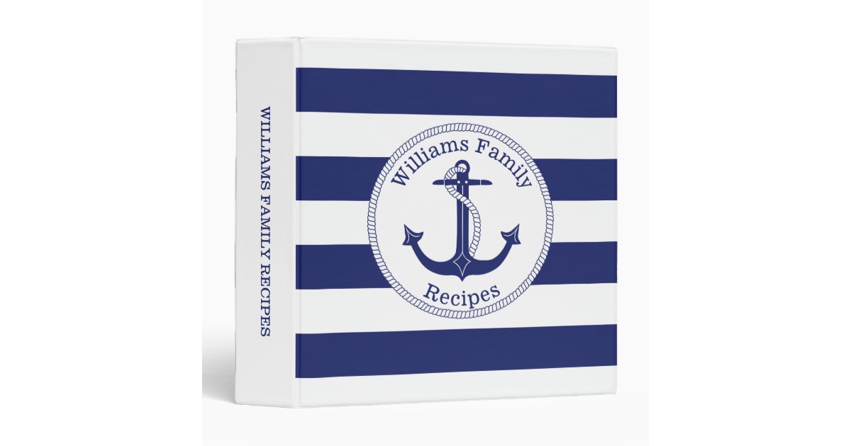 Nautical Anchor Navy Blue Stripe Monogram Recipe 3 Ring Binder | Zazzle