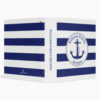 Nautical Anchor Navy Blue Stripe Monogram Recipe 3 Ring Binder | Zazzle