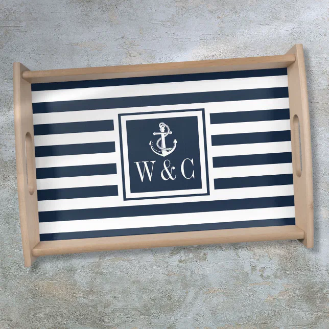 Nautical Anchor Navy Blue Striped Monogram Serving Tray | Zazzle