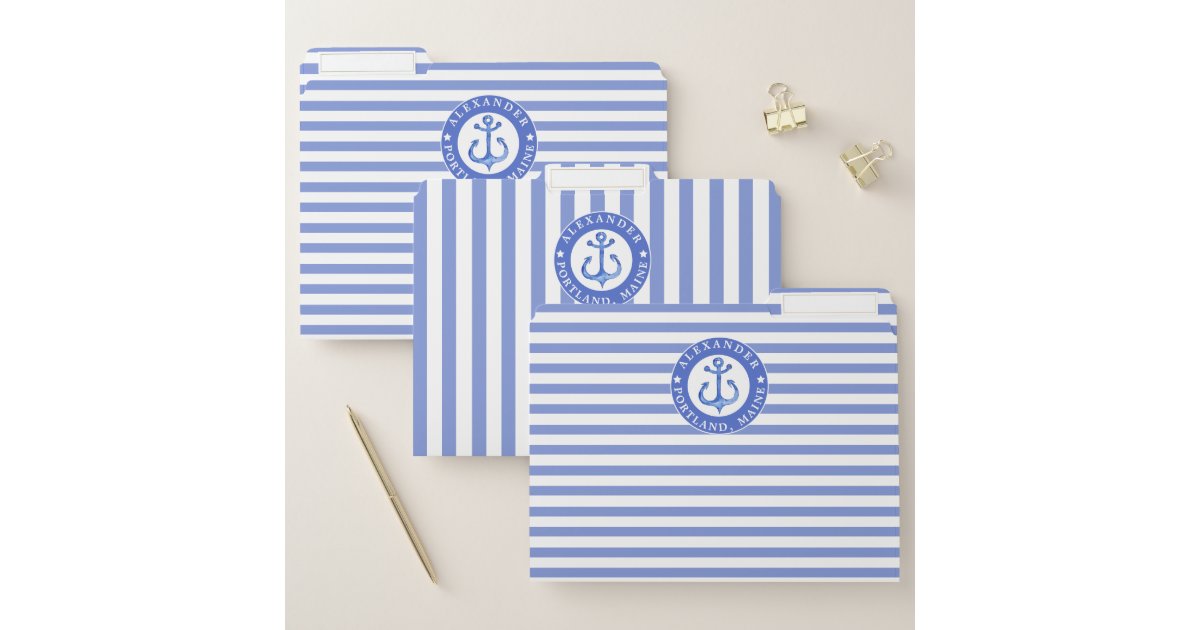 Nautical Anchor Navy Blue Striped Personalized File Folder | Zazzle