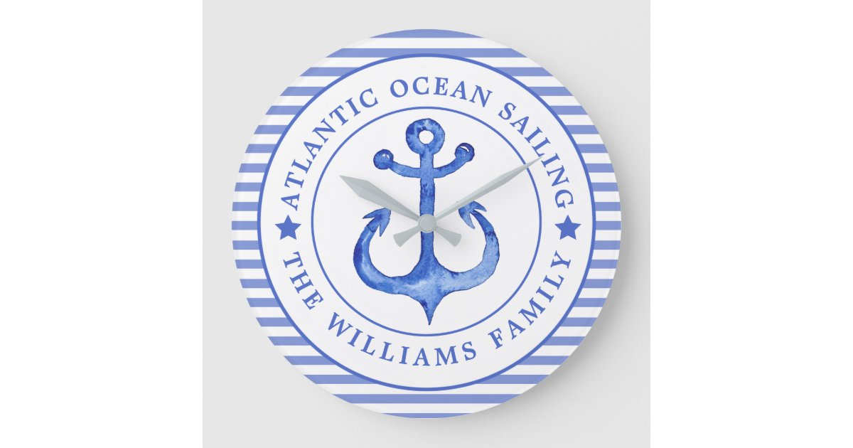 Nautical Anchor Navy Blue Striped Personalized Large Clock | Zazzle