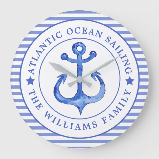 Nautical Anchor Navy Blue Striped Personalized Large Clock | Zazzle