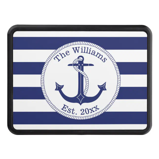 Nautical Anchor Navy Blue Stripes Family Name Hitch Cover | Zazzle
