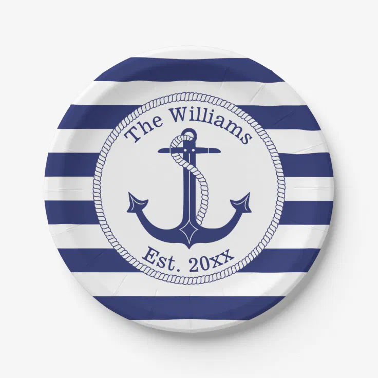 Nautical Anchor Navy Blue Stripes Family Name Paper Plates | Zazzle