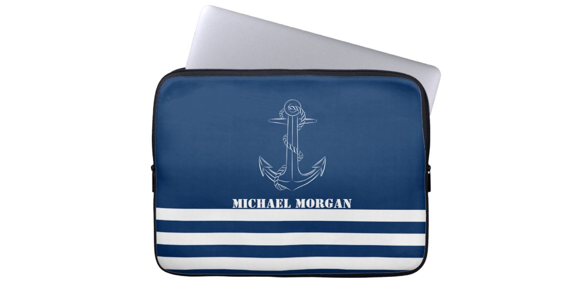 Nautical Anchor, Navy Blue Stripes Sailor Laptop Sleeve | Zazzle