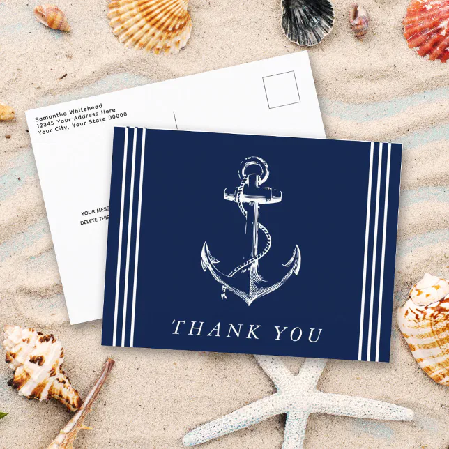 Nautical Anchor Navy Blue Thank You Postcard | Zazzle