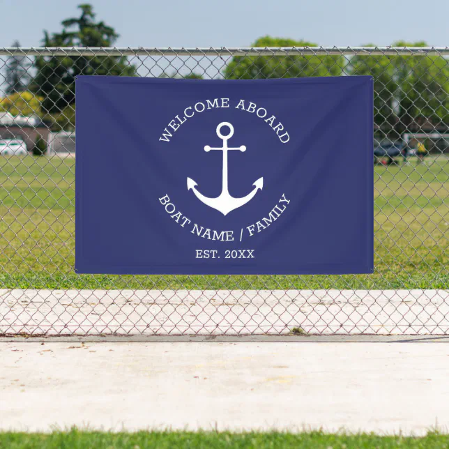 Nautical anchor navy blue Welcome Aboard Custom Banner | Zazzle