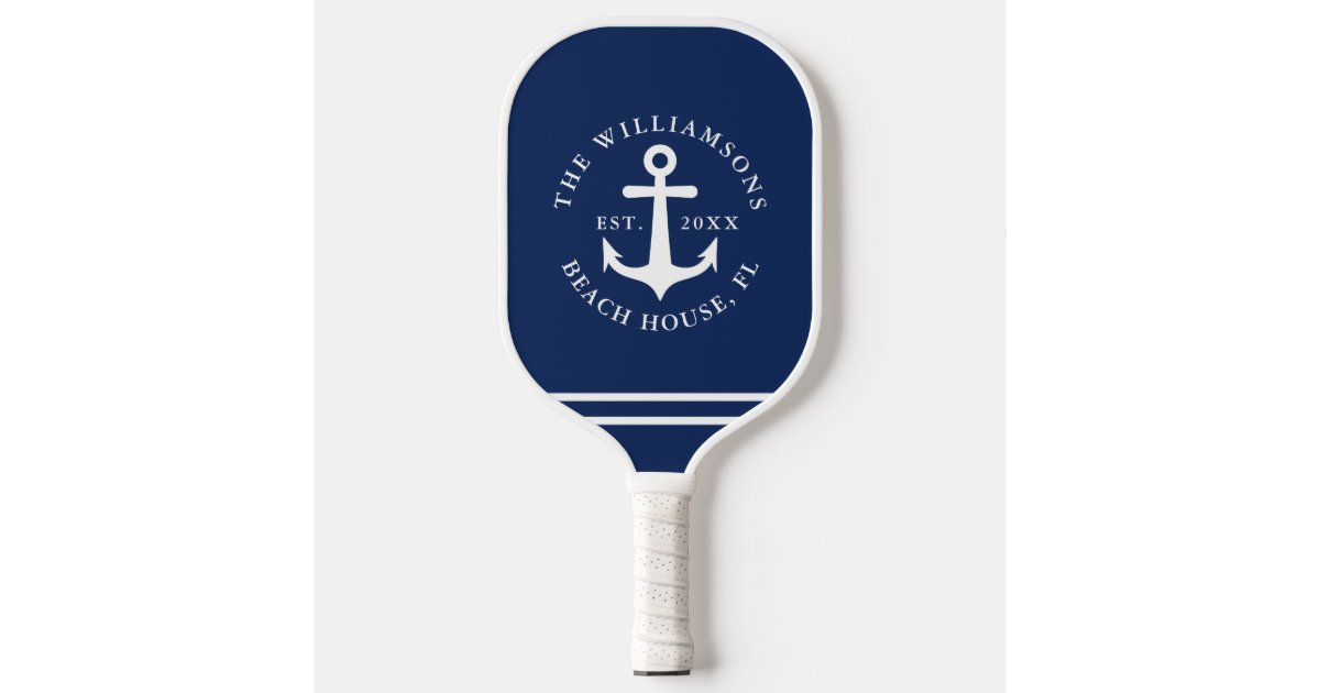 Nautical Anchor Navy Blue White Beach House Pickleball Paddle | Zazzle