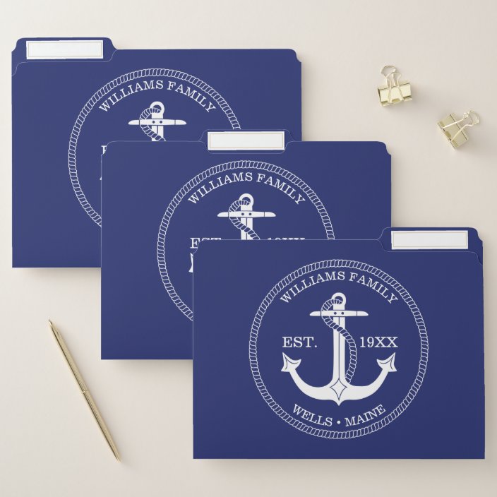 Nautical Anchor Navy Blue White Family Name Year File Folder | Zazzle.com