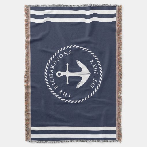 Nautical Anchor Navy Blue & White Personalized Throw Blanket | Zazzle