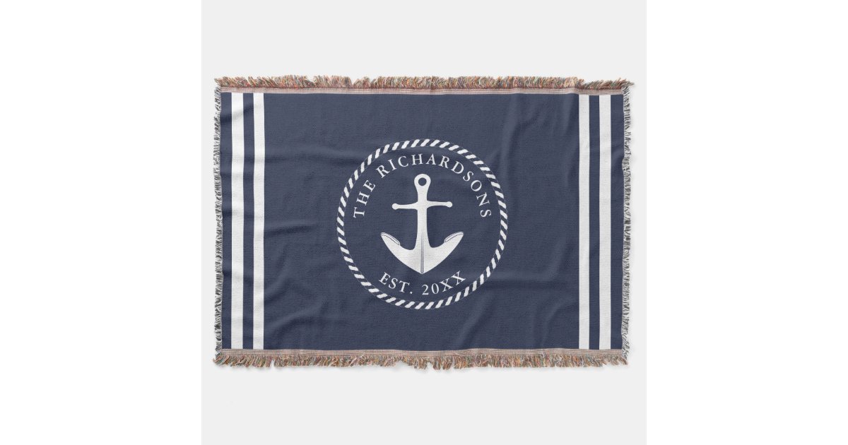 Nautical Anchor Navy Blue & White Personalized Throw Blanket | Zazzle