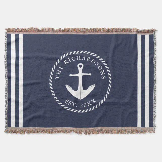 Nautical Anchor Navy Blue & White Personalized Throw Blanket | Zazzle