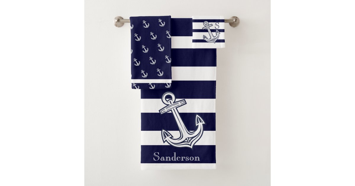 Nautical Anchor Navy Blue White stripes Bath Towel Set | Zazzle