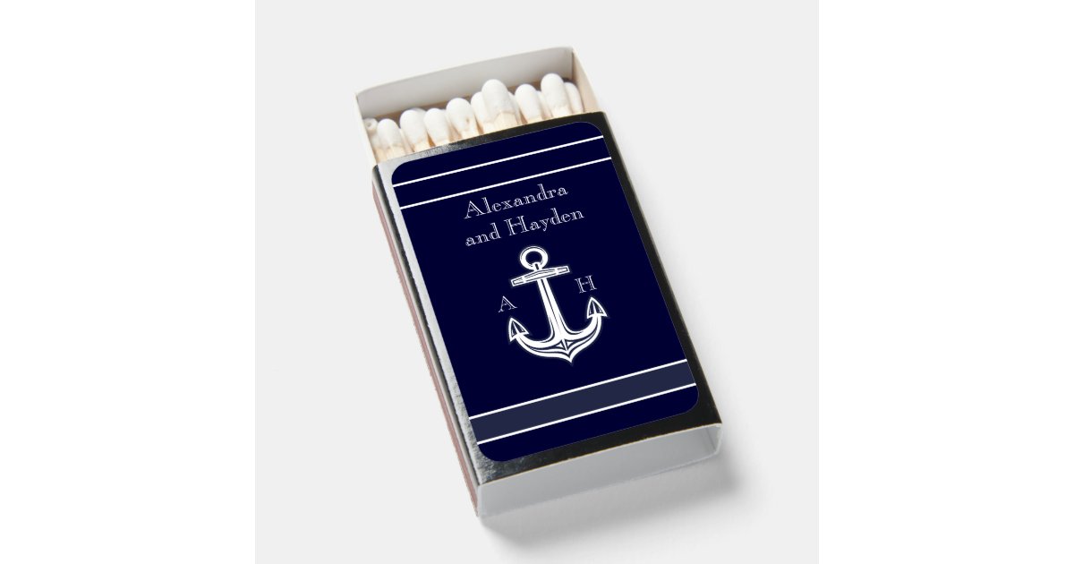 Nautical Anchor Navy Blue White Wedding Matchboxes | Zazzle