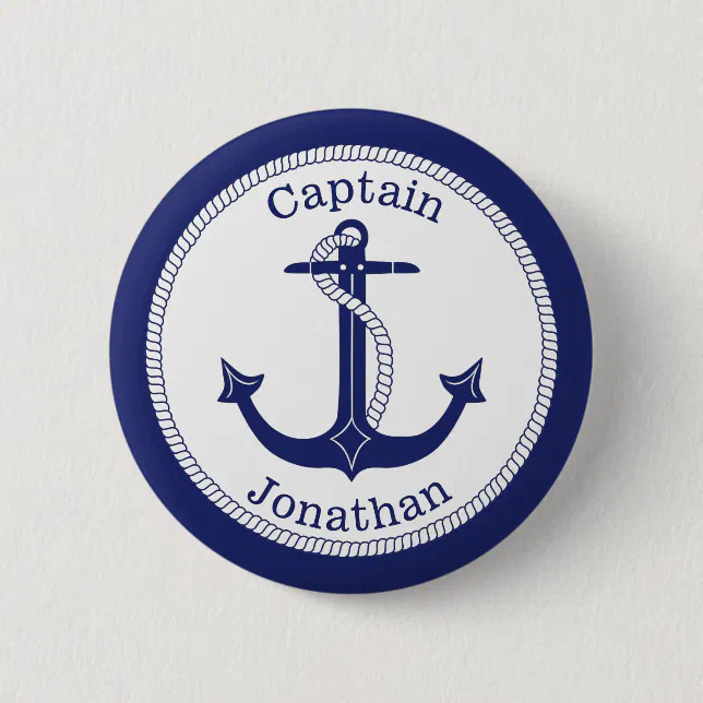 Nautical Anchor Navy Captain Personalized Button | Zazzle