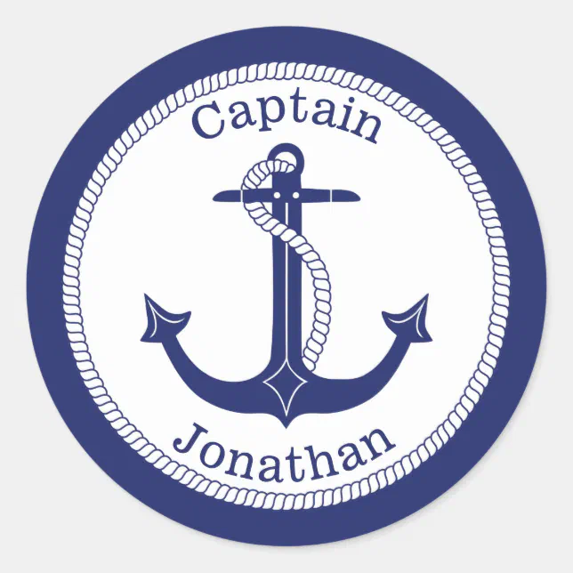 Nautical Anchor Navy Captain Personalized Classic Round Sticker | Zazzle