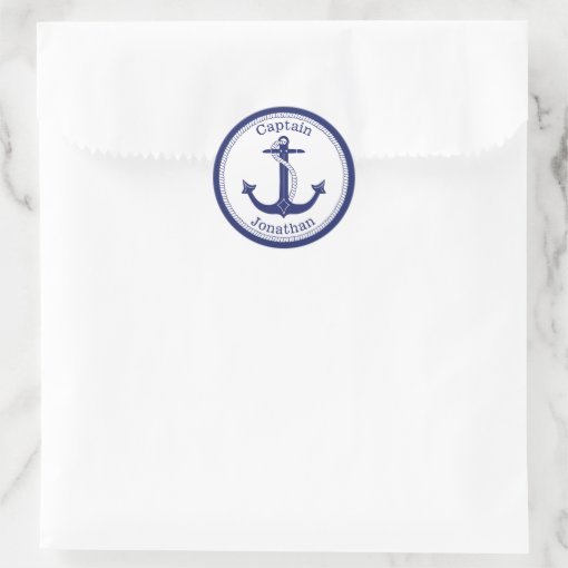 Nautical Anchor Navy Captain Personalized Classic Round Sticker | Zazzle