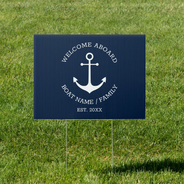 Nautical anchor Navy Welcome Aboard custom name Sign | Zazzle