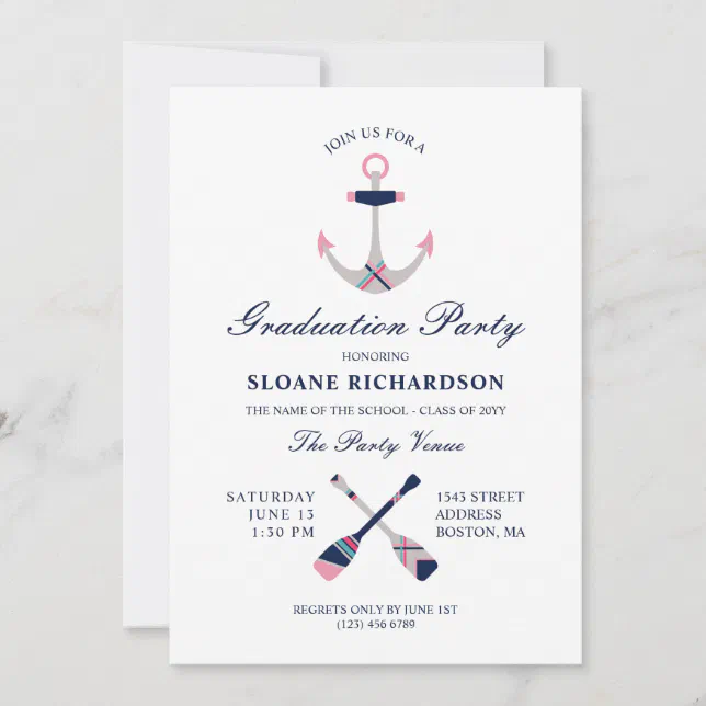 Nautical Anchor & Oars Navy Pink Graduation Party Invitation | Zazzle