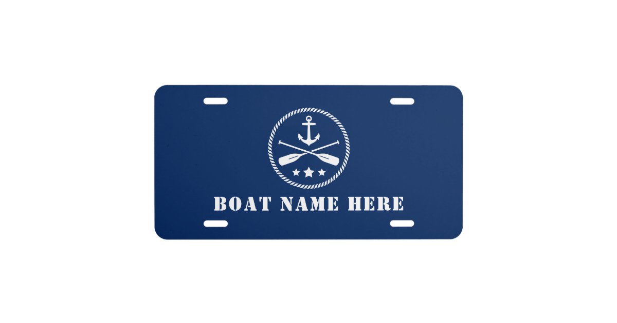 Nautical Anchor & Oars Your Boat Name Navy Blue License Plate | Zazzle