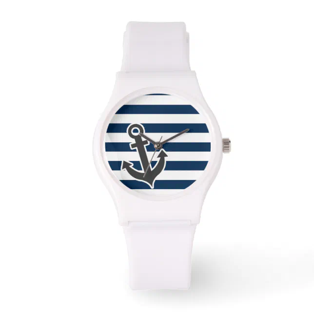 Nautical Anchor on Dark Midnight Blue Stripes Watch | Zazzle