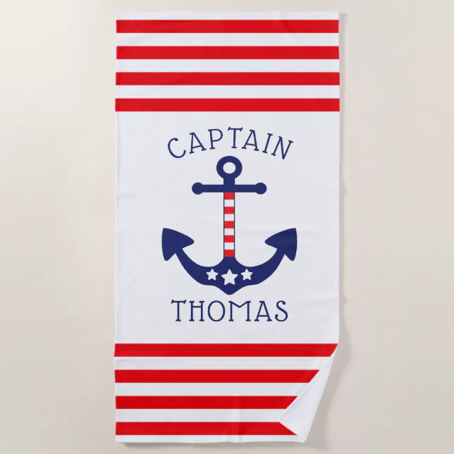 Nautical Anchor Patriotic Captain Add Name Beach Towel | Zazzle