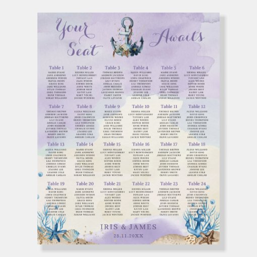 Nautical Anchor Purple Beach Wedding Seating Chart Foam Board | Zazzle