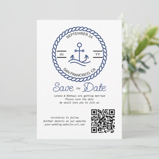 Nautical Anchor QR Code Wedding Save The Date Card | Zazzle